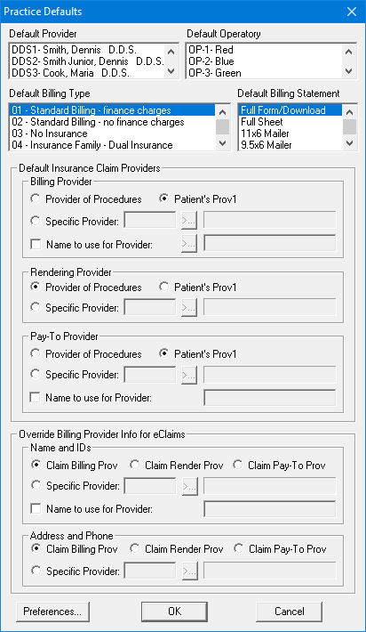 Setting practice defaults