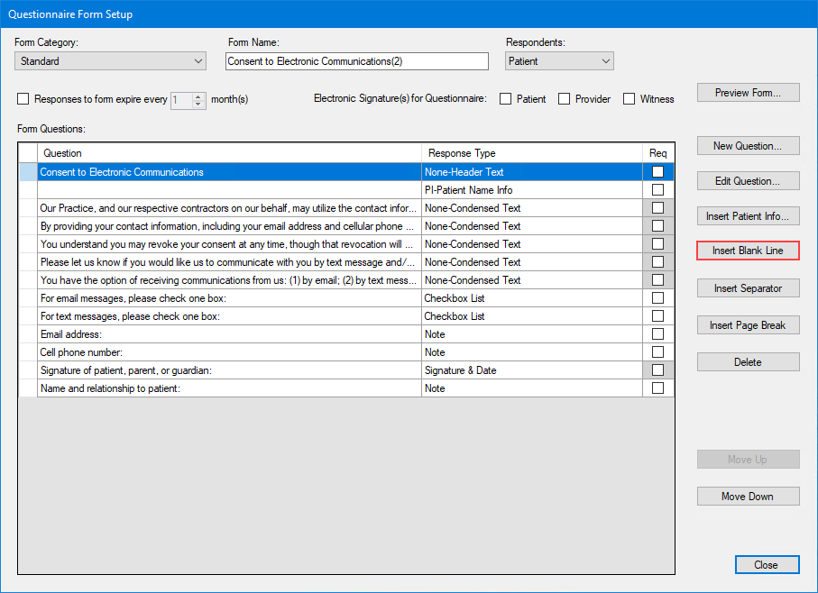 Questionnaires - Inserting blank lines in questionnaire forms