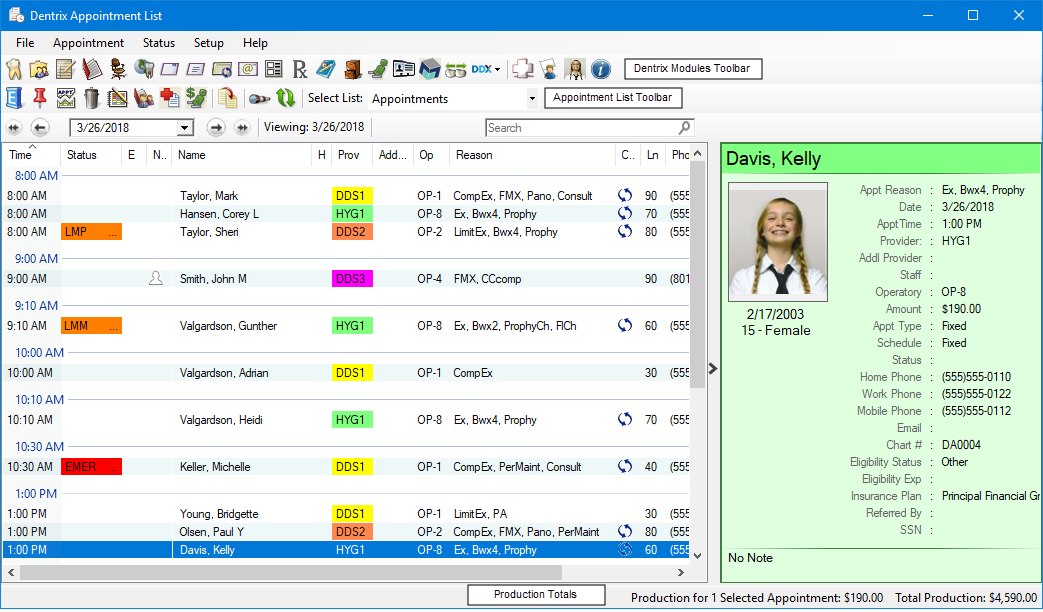 Appointment list window