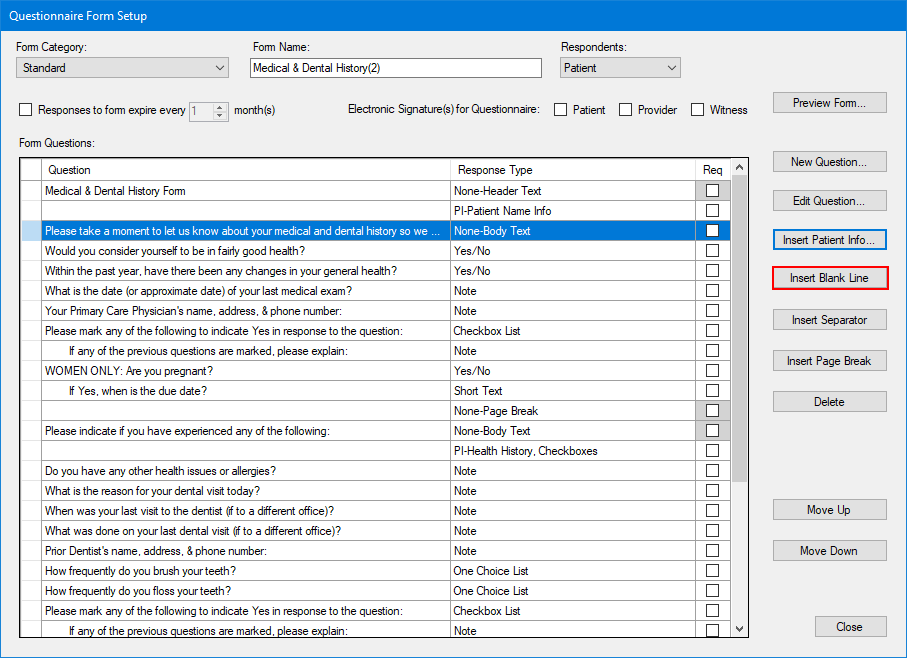 Inserting blank lines in questionnaire forms