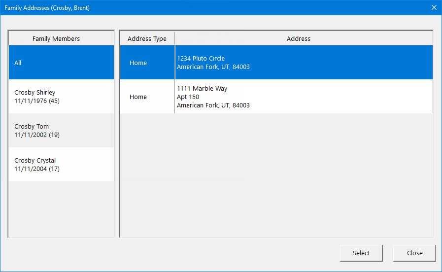 Selecting a family member's address