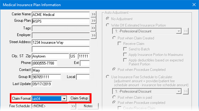 Setting up medical claim form options for medical insurance plans