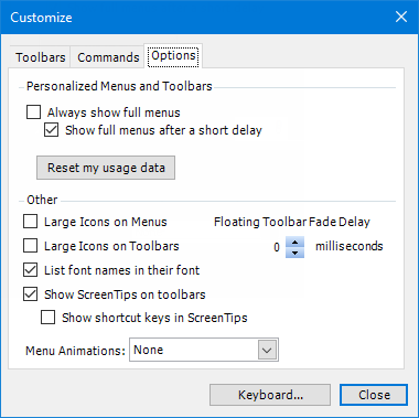 Setting up toolbar options