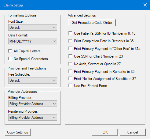 Setting up dental claim form options