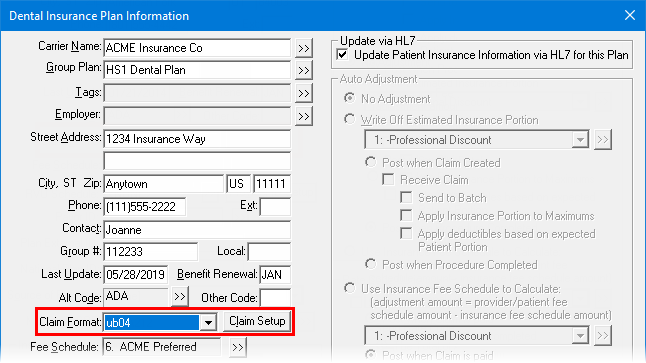 Setting up dental claim form options