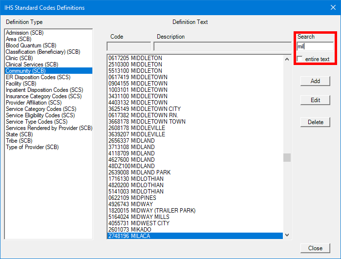 IHS Standard Codes Definitions