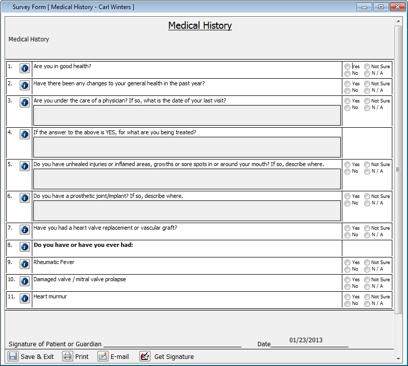 Completing and printing an attached medical history and survey form